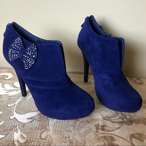 Shoes | Royal Blue High Heel Platform Rhinestone Booties | Poshmark